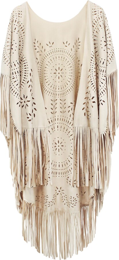 FEOYA Women's Fringe Shawl Beige Ladies Tassel Cape Faux Suede Wraps ...