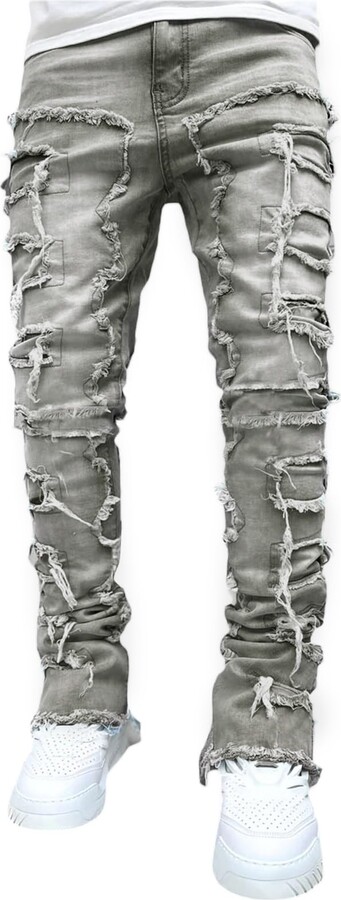 Yoawdats Men's Black Stacked Jeans Ripped Jeans Patch Distressed ...