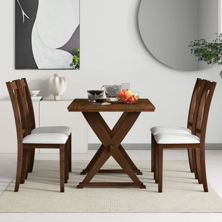 EDWINRAYLLC Solid Wood 5-Piece Dining Table Set with 4 Linen Fabric ...