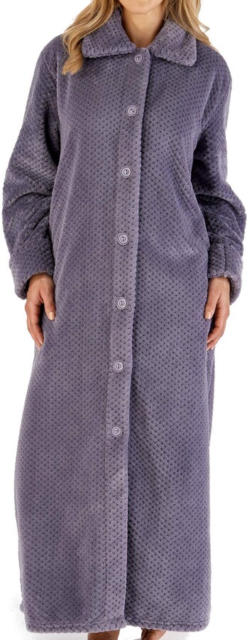 Slenderella Ladies Button Up Dressing Gown Soft Waffle Fleece Ankle ...