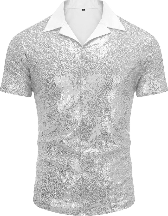 AstoSeu Men's Sequin Dress Shirt 70s Disco Costume Sparkle Party Short Sleeve Button Down Shirts ...