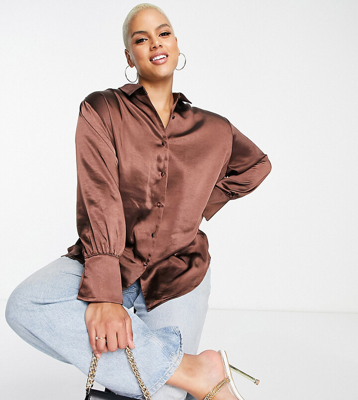 Pretty Lavish Curve satin shirt in chocolate brown - part of a set ...
