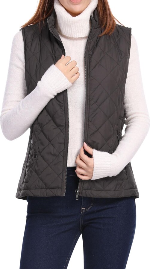 Allegra K Women's Front Zip Up Stand Collar Mock Pockets Quilted Padded ...