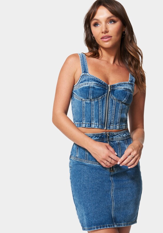 Bebe Multi Seam Zip Front Denim Bustier - ShopStyle Tops