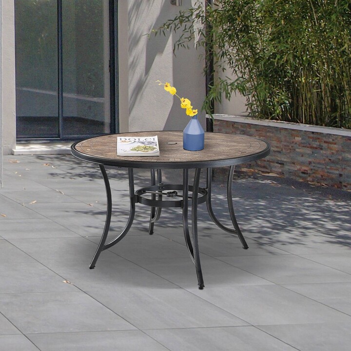 clihome 48" Cast Aluminum & Ceramic Tile Round Outdoor Dining Table ...