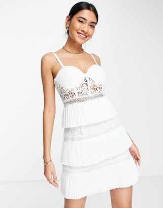 ASOS DESIGN lace corset mini dress with tiered pleated skirt in white - ShopStyle