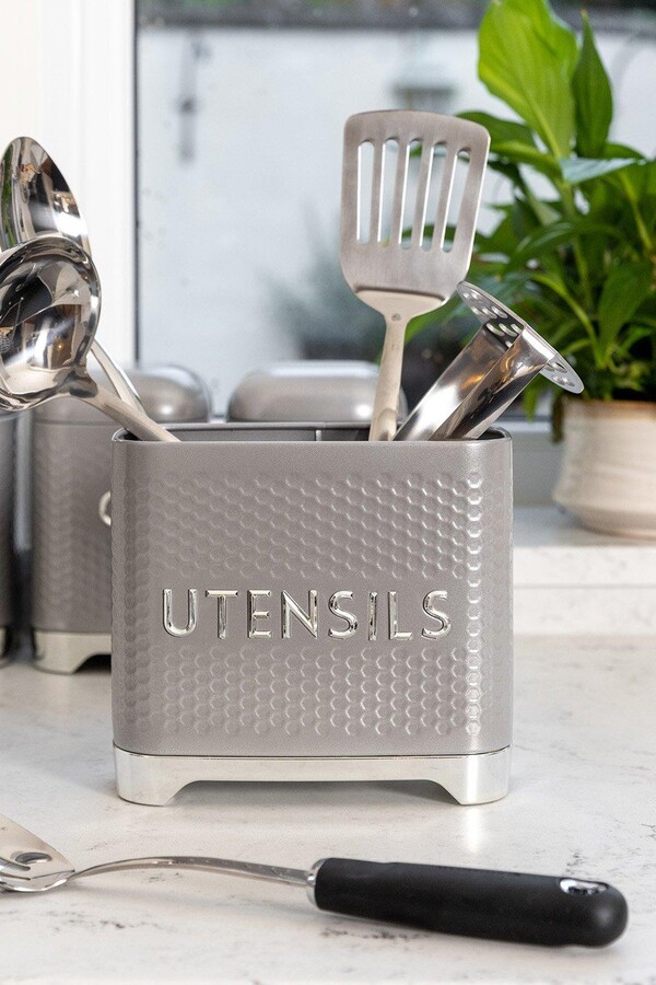 Lovello Shadow Grey Retro Utensil Holder with Geometric Textured Finish ...