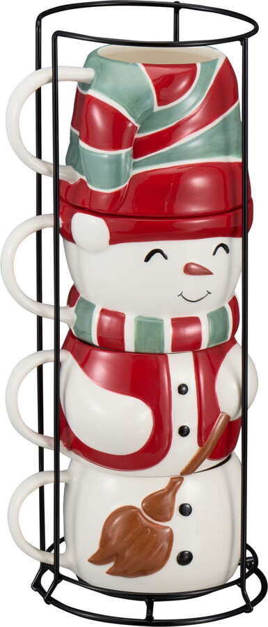 Holiday Time 4-Piece 12oz Snowman Glazed Stoneware Ceramic Stacking Mug ...