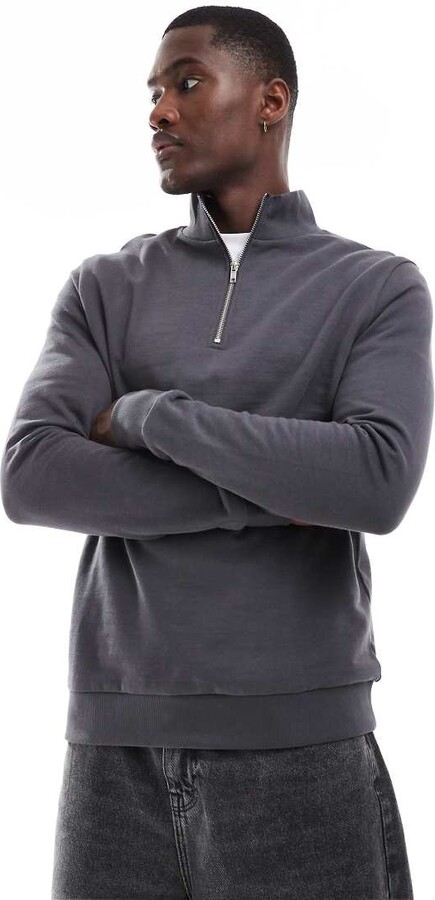 ASOS DESIGN ASOS DESGIN sweatshirt with half zip in charcoal - ShopStyle