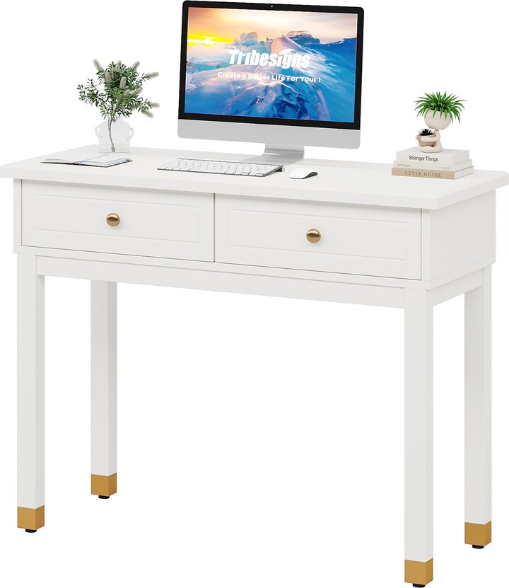 YUZHOU 43 Inch Computer Desk Small White Desk with Storage for Home ...