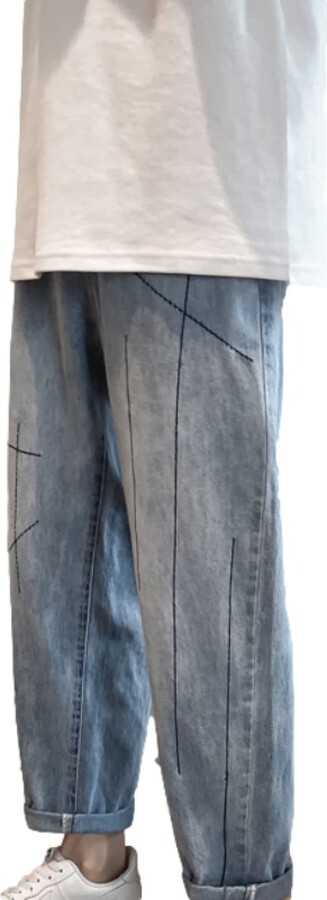 JOELEW Men's Denim Nine-Point Pants Fashion Print Personality Trend ...