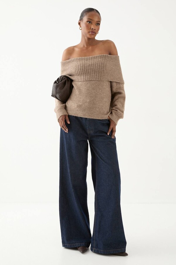 MISSPAP Premium Knit Bardot Foldover Jumper - Beige - ShopStyle
