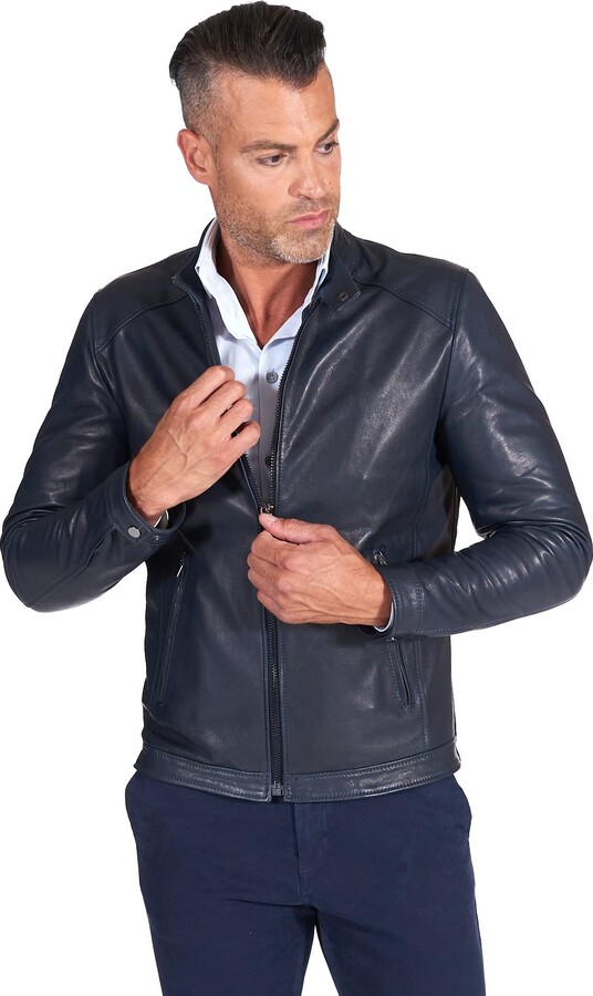 D'Arienzo Mens Italian Blue Vintage Genuine Leather Jacket Biker ...