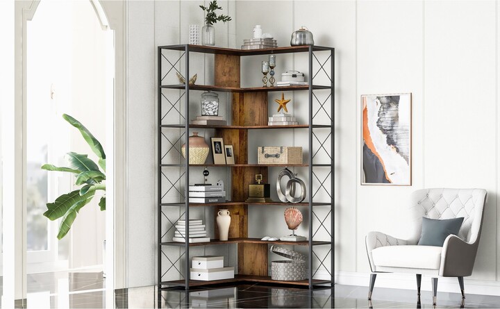 7-Tier Bookcase Home Office Bookshelf, L-Shaped Corner Bookcase with ...