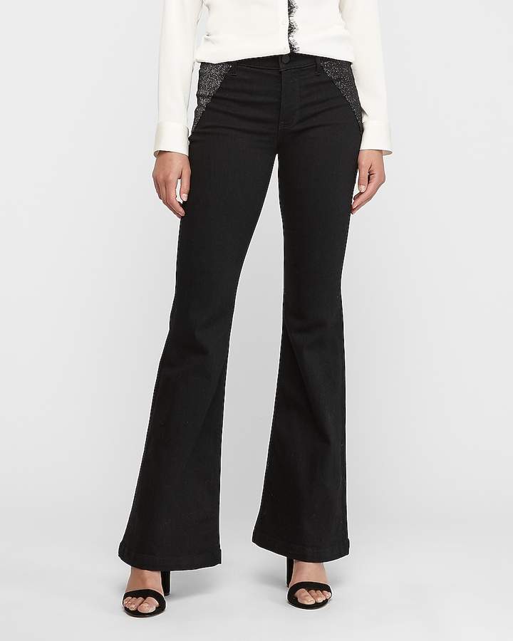 Express Mid Rise Denim Perfect Black Sparkle Bell Flare Jeans - ShopStyle