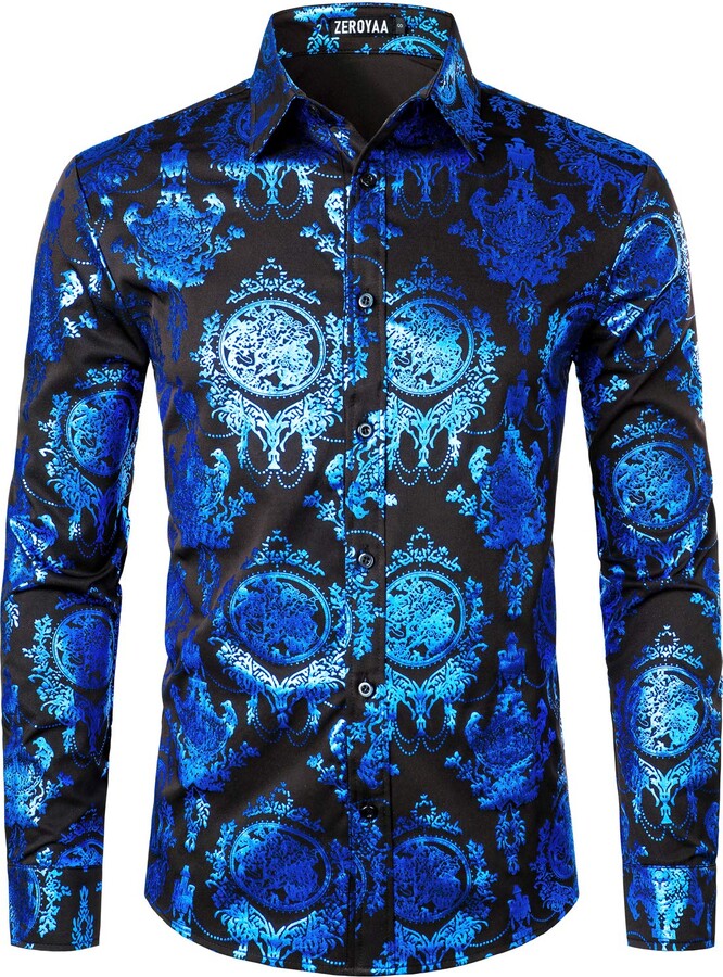 ZEROYAA Men's Luxury Shiny Royal Design Slim Fit Long Sleeve Button up ...