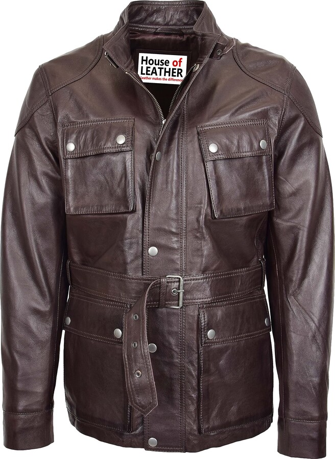 House Of Leather Mens Real Leather Coat Belted Safari Style Anderson ...