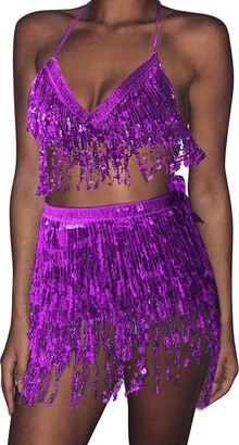 Qtinghua Women's Sexy Sequin Tassel Mini Skirt Set Belly Dance Hip Skirt with Bra Top Hip Scarf ...