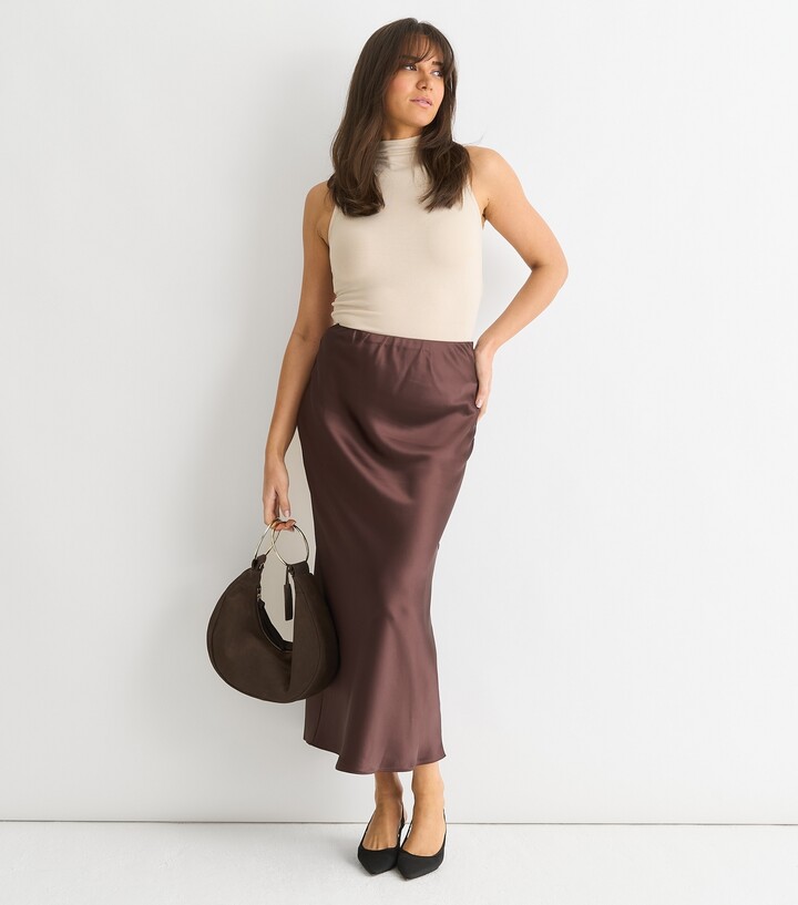 Women's Brown Satin Midi Skirt Gini London - ShopStyle