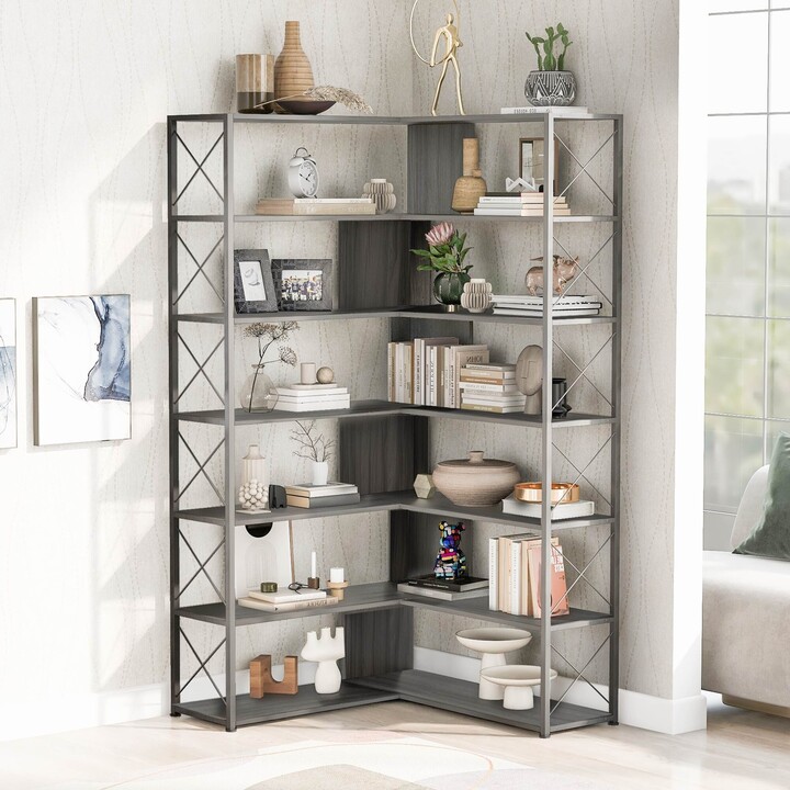 IGEMAN Industrial 7-Tier Bookcase Home Office Bookshelf, L-Shaped ...