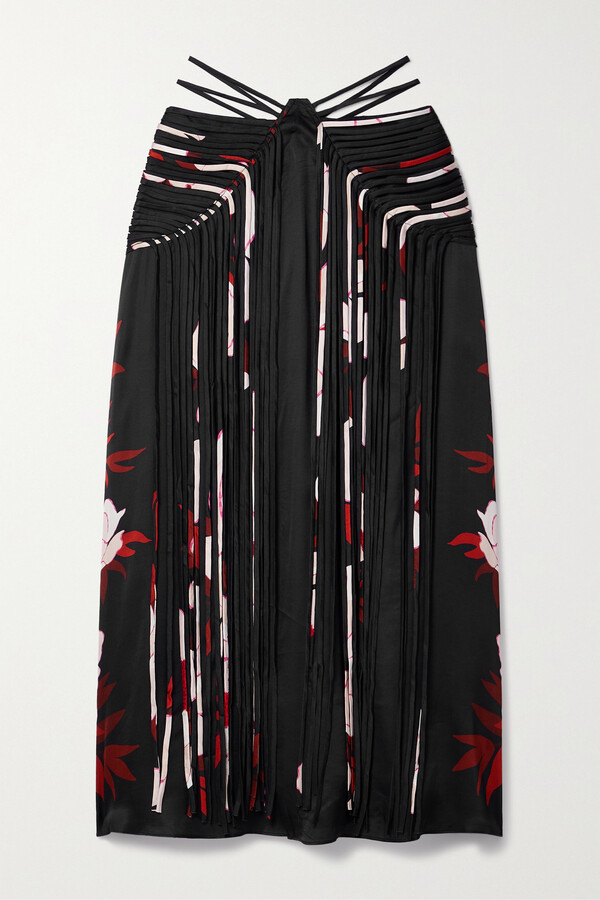 Farm Rio Fringed Floral-print Satin Midi Skirt - Black - ShopStyle