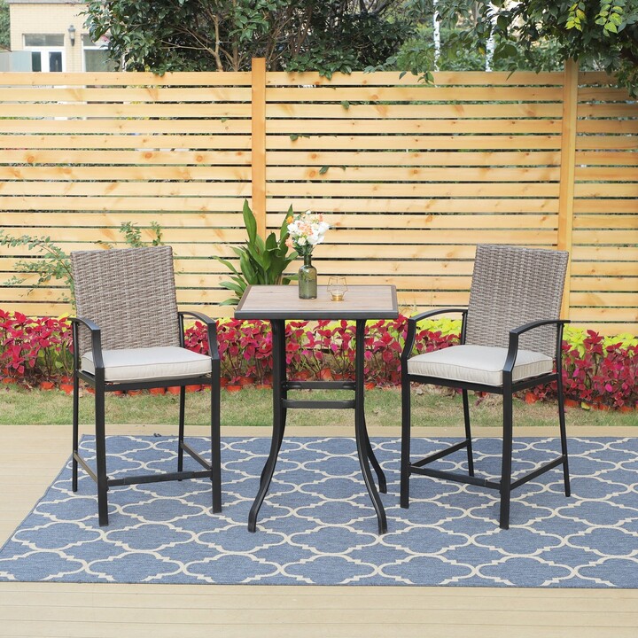 Cocam 3-Piece Patio Set Rattan Chair Back Cushioned High Bar stool ...