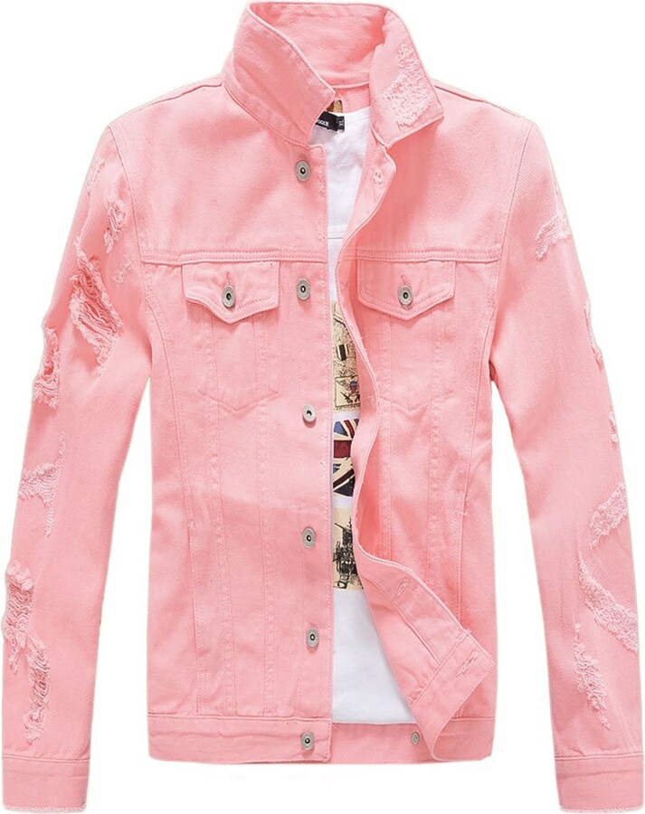DSDZ Men`s Classic Ripped Hip Hop Motorcycle Denim Jacket - Pink ...