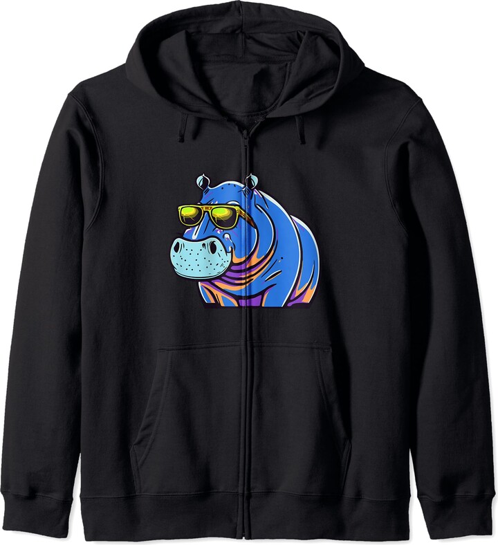 Retro Style Synthwave Hippo Fan Gift Funky Hippo With Glasses Synthwave Raver Art Zip Hoodie ...