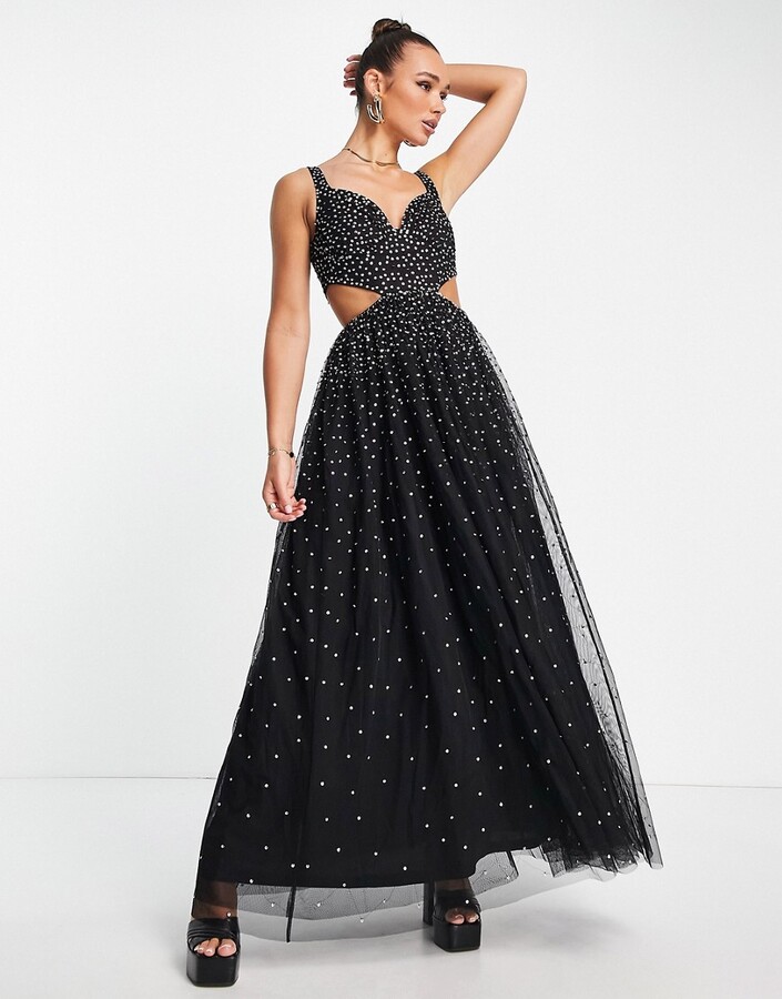 Maya maxi dress with cut outs in black with all over embellishment ...