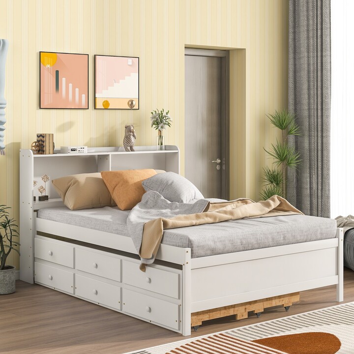 Ctex Full Size Pine Wood Platform Bed With Twin Size Trundle Bed