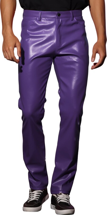 Lars Amadeus Faux Leather Pants for Men's Slim Fit Solid Color Nightclub Disco Skinny Trousers ...
