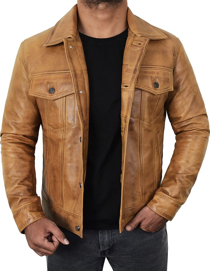 LP-FACON Mens Trucker Leather Motobike Jacket - Slim Fit Classic ...