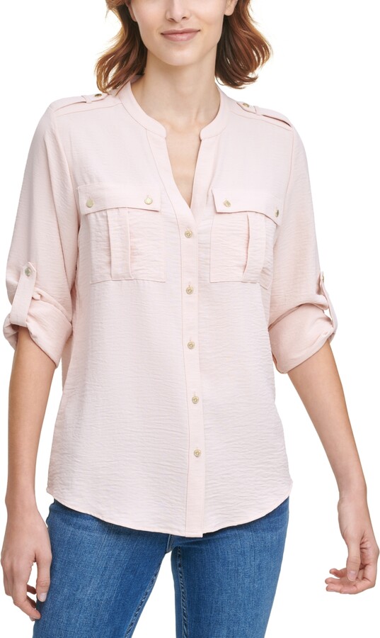 Calvin Klein Textured Roll Tab Button Down Shirt - ShopStyle