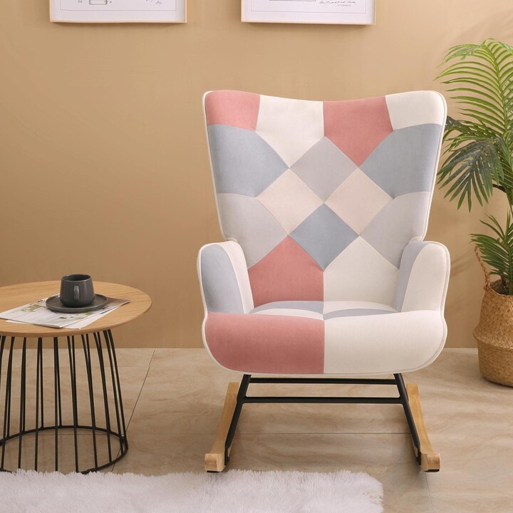 BEYONDHOME Mid Century Fabric Rocking Chair - Wood Legs, Patchwork ...