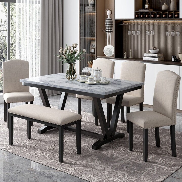 NOVABASA Dining table for 6 with 4 chairs, marble top, white modern rectangular wood veneer ...