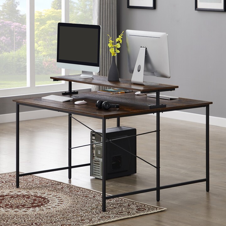 Gerojo 2-Person Computer Desk with MDF Top and Riser Monitor Stand ...