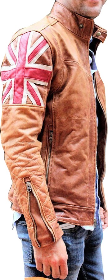 Aksah Fashion Men's Union Jack British Flag Biker Brown Real Leather ...