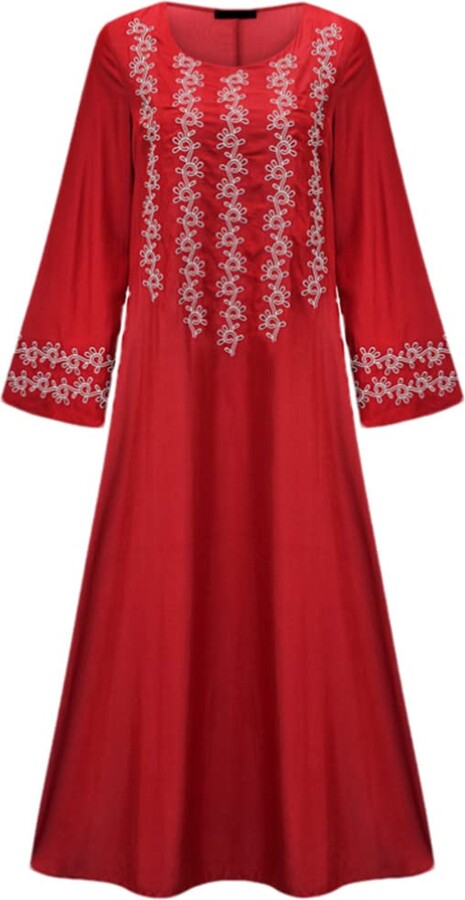 Niiyyjj Embroidered Muslim Dress Ladies Red Dress Turkish Islamic Dress ...