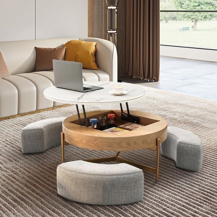Tiramisubest Sintered Stone Top 31" Lifting-top Round Coffee Table with ...