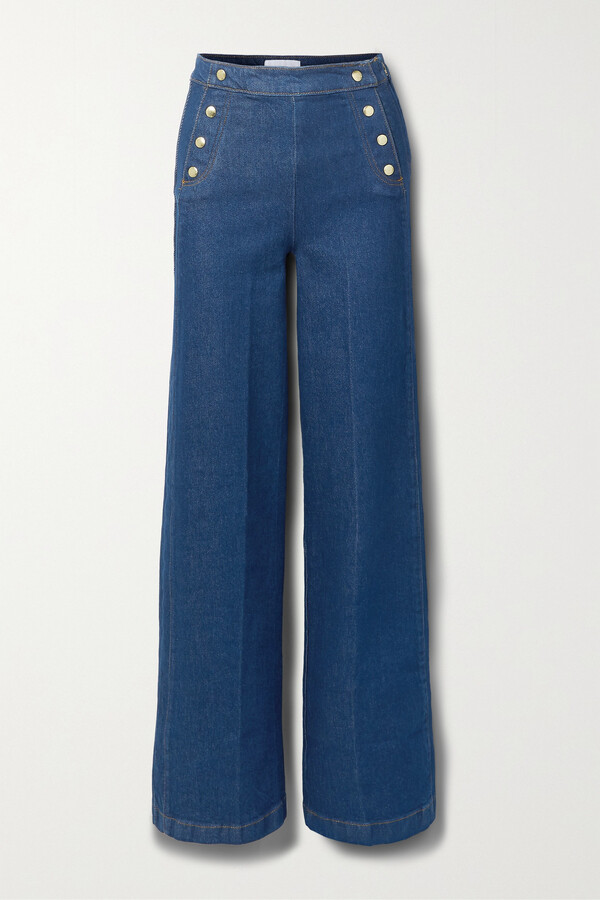 Frame Sailor Button-embellished High-rise Wide-leg Jeans - Blue - ShopStyle