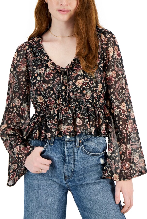 Self Esteem Juniors' Floral-Print Ruffled Bell-Sleeve Top - ShopStyle