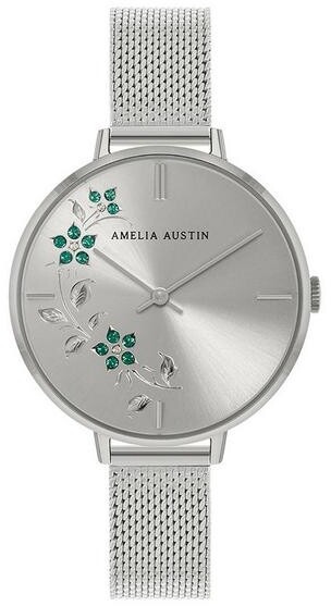 Amelia Austin Floral Ladies Silver Stainless Steel Mesh Green Stone Set ...