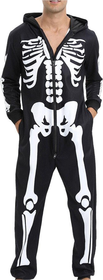 YOSUWOAI Men's Halloween Skeleton Costume Jumpsuit Skull Skeleton Print ...