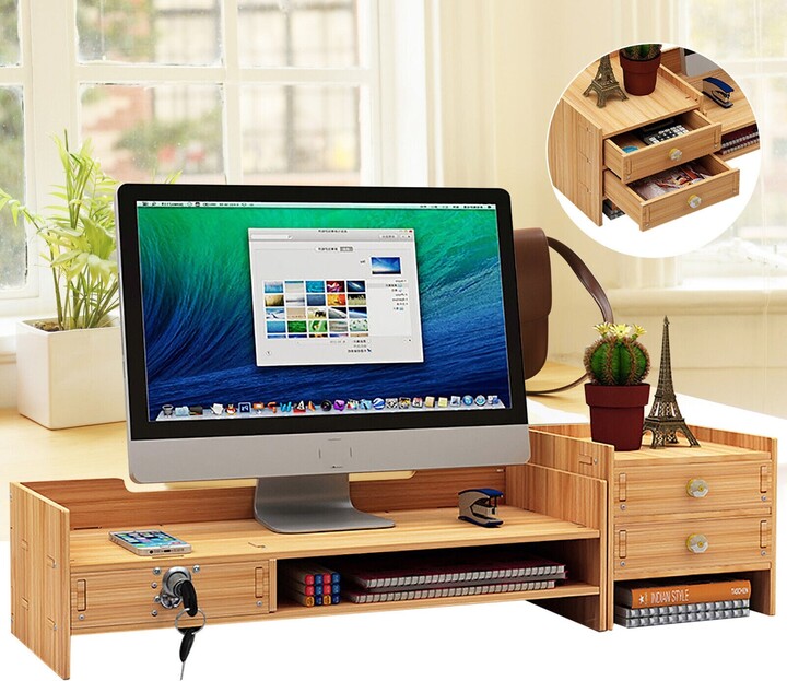 Oukaning Computer Monitor Stand, DIY Office Wood Desk Organizers with ...