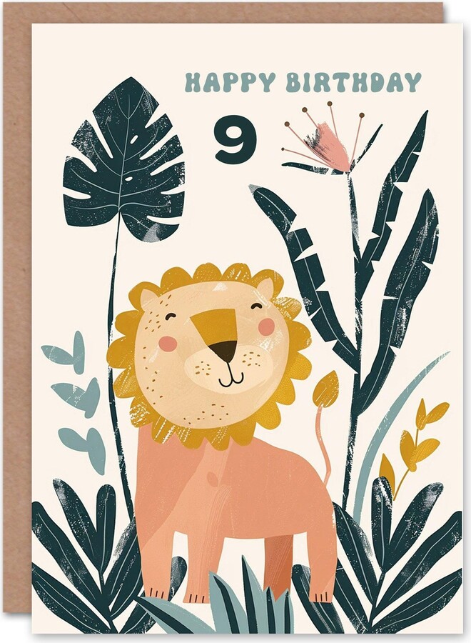 Artery8 9th Birthday Card Cute Happy Lion Jungle Flowers Kids Age 9 ...