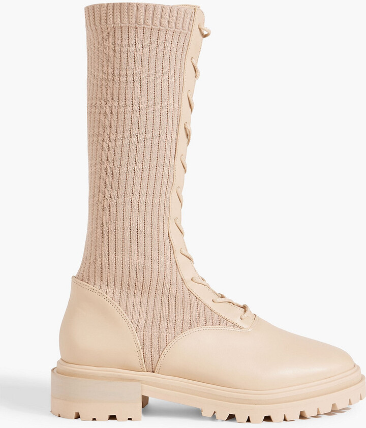 PORTE & PAIRE Ribbed-knit and leather combat boots - ShopStyle