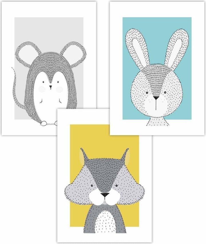 ARTZE Set of 3 Nursery Scandi Sketch woodland Animals in Blue Yellow ...