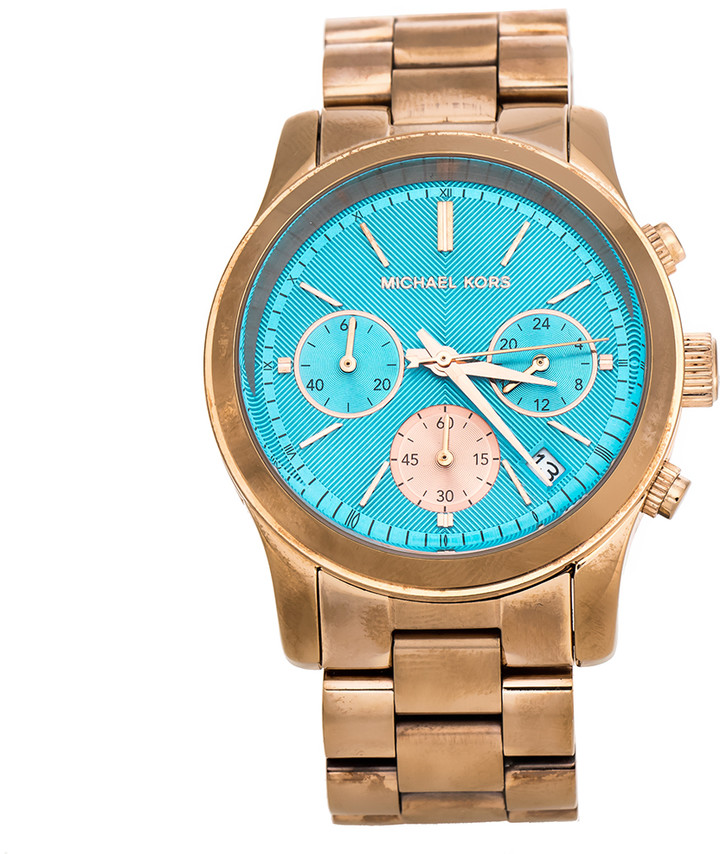 Michael Kors Blue Rose Gold Plated Stainless Steel Runway MK6164 Women ...