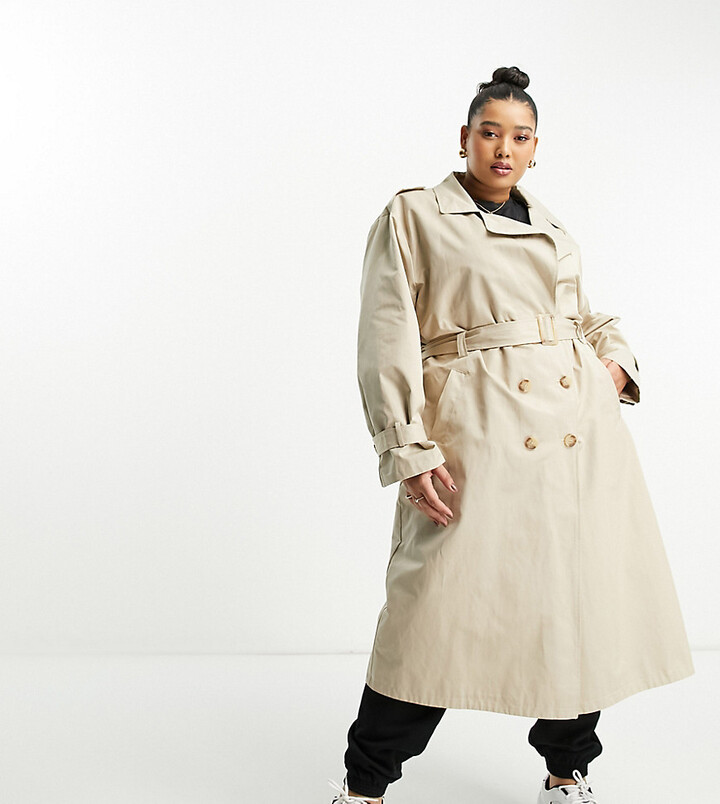 Urbancode Curve Urban Code Plus longline oversized trench coat in beige - ShopStyle