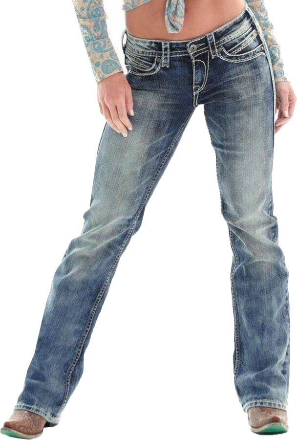 DFGHN Womens Bell Bottom Jeans Mid Rise Straight Leg Embroidery Classic ...